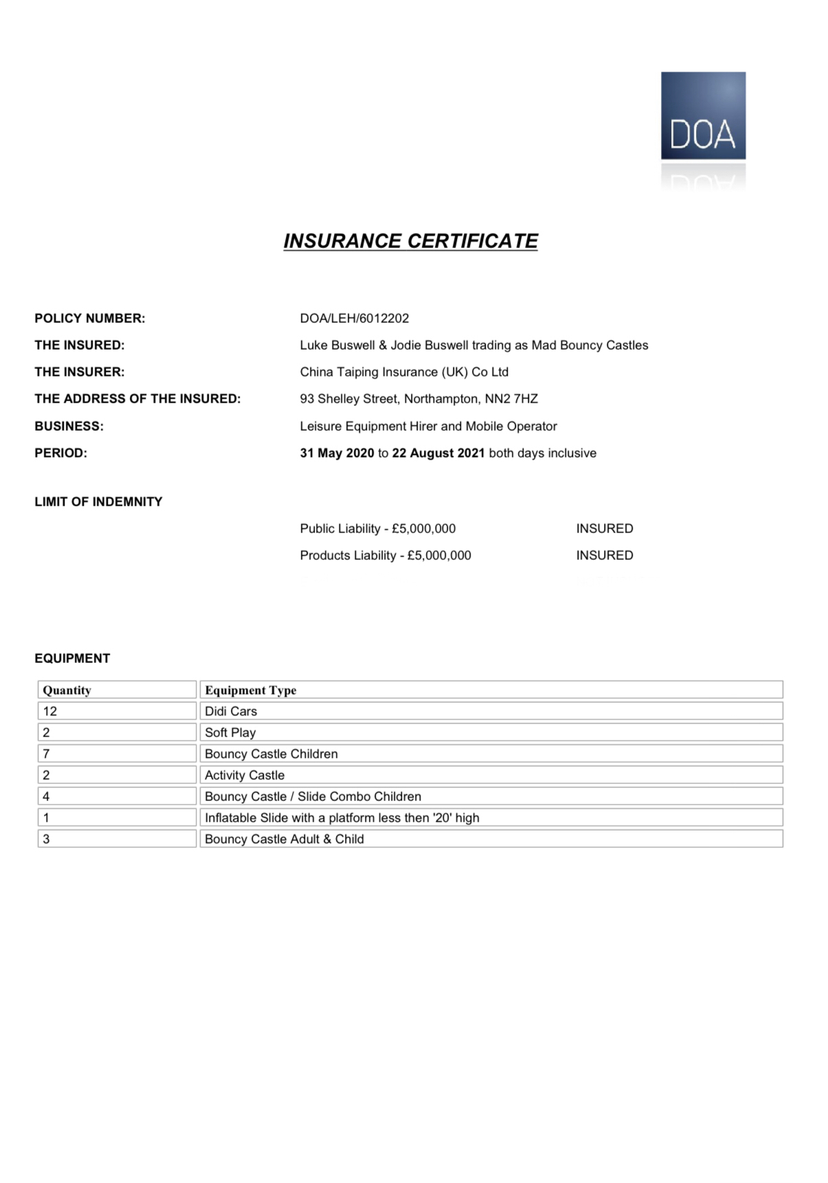 Public Liability Certificate - Bouncy Castle Hire Northampton in ...